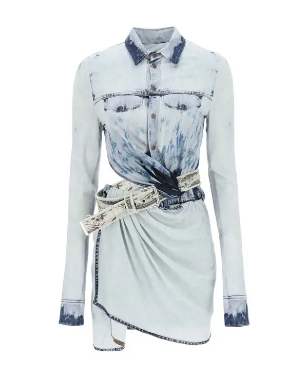 DIESEL® Asymmetric Denim Dress With Contrast Belt - White