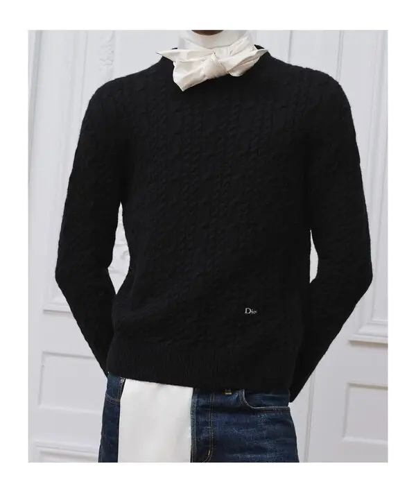 Dior Cable Knit Crewneck Sweater With Embroidery - Black