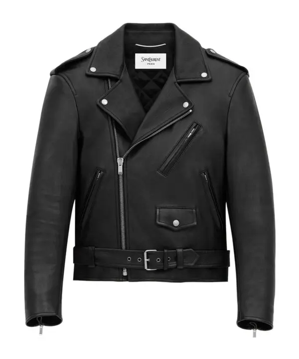 Saint Laurent Zip Detailed Belted Biker Jacket - Black