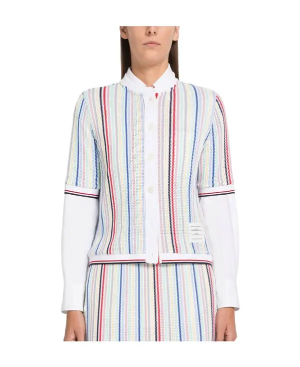 Thom Browne Striped Short-sleeve Knitted Cardigan - White