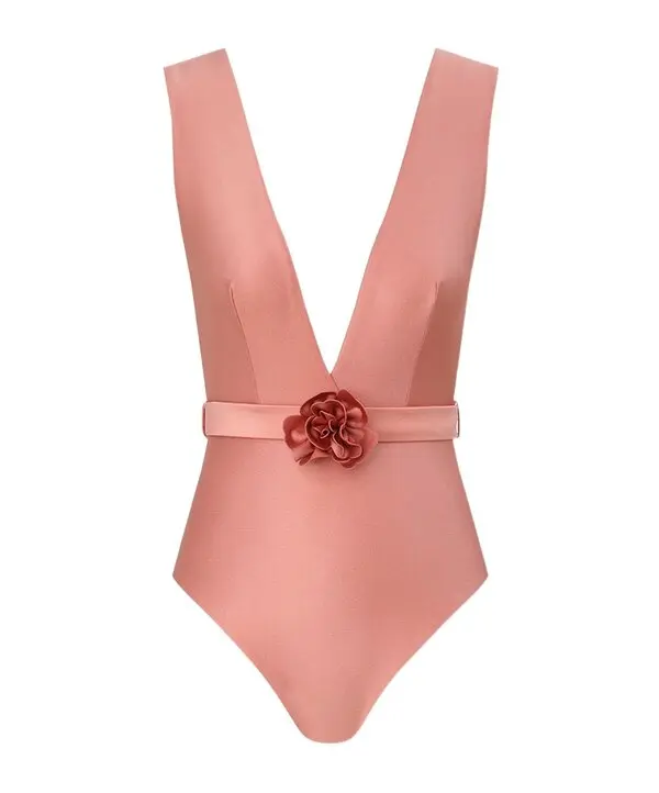 Zimmermann Lucky Plunge Flower One Piece Swimsuit - Rose