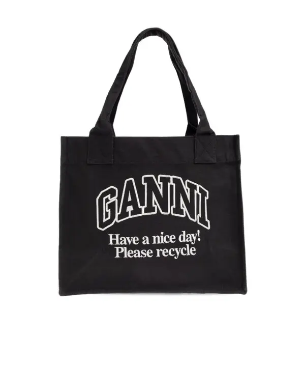 GANNI Logo Embroidered Tote Bag - Black