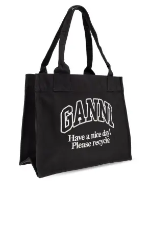 GANNI Logo Embroidered Tote Bag - Black