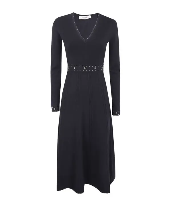 TWINSET Studded V-neck Long Sleeve Maxi Dress