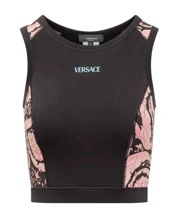 Versace Logo Detailed Crewneck Cropped Sports Top - Black