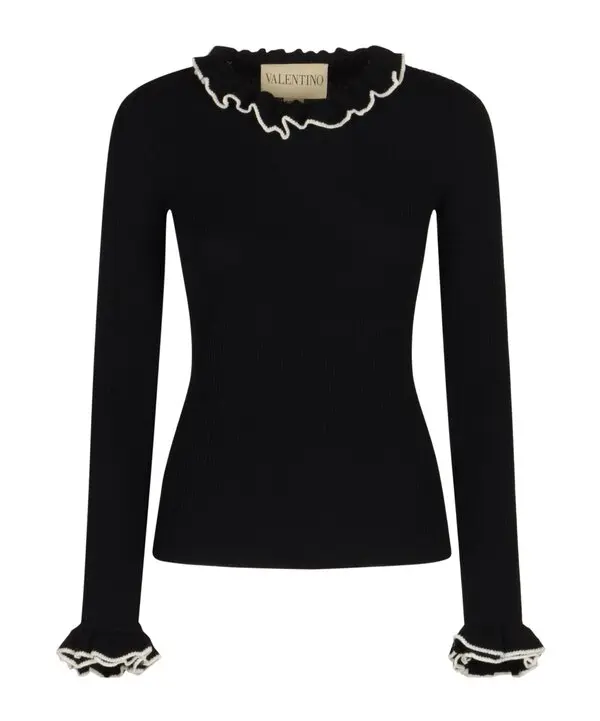 Valentino Garavani Long Sleeve Ruffled Knit Top - Black