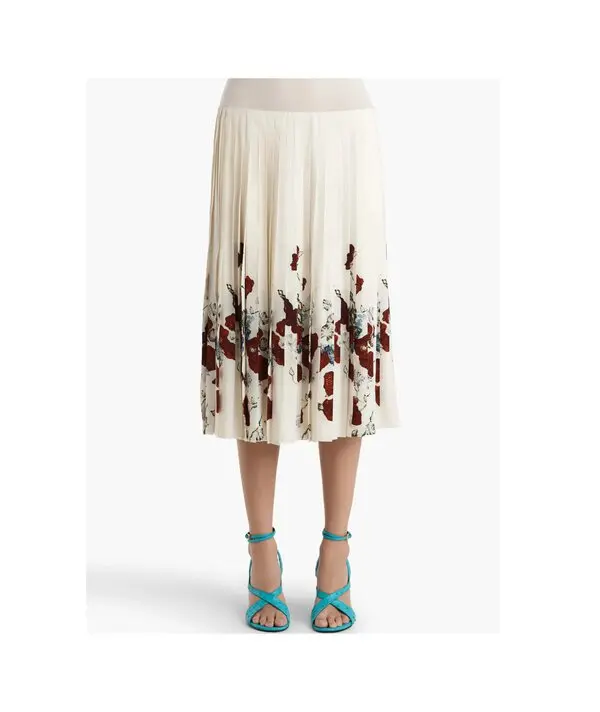 Khaite Anya Pleated Floral Midi Skirt - Cream Multi