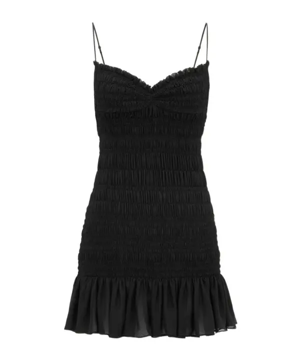 Saint Laurent Smocked Silk Muslin Crepe Dress - Black