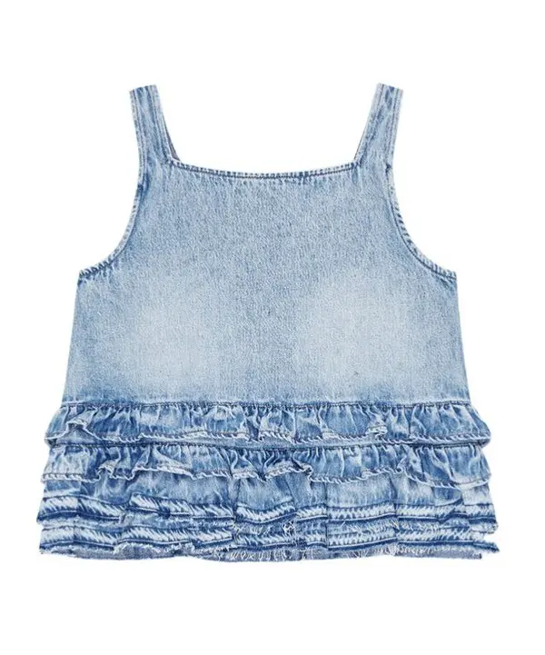 GANNI Sleeveless Denim Top With Ruffle Hem And Buckle Detail - Light Blue