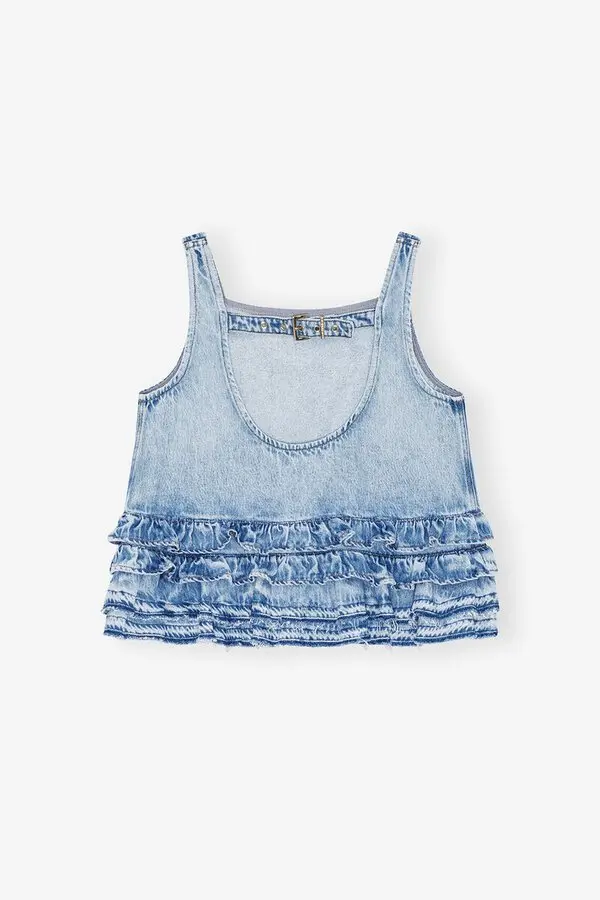 GANNI Sleeveless Denim Top With Ruffle Hem And Buckle Detail - Light Blue