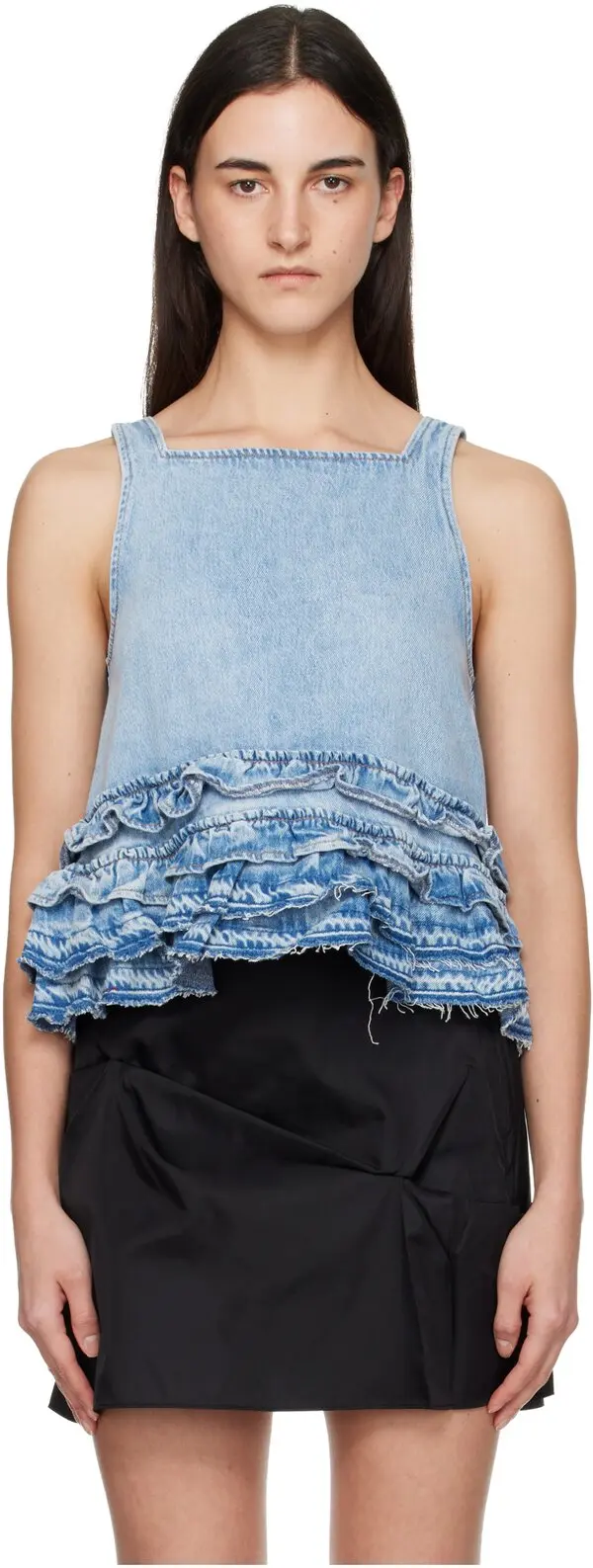 GANNI Sleeveless Denim Top With Ruffle Hem And Buckle Detail - Light Blue