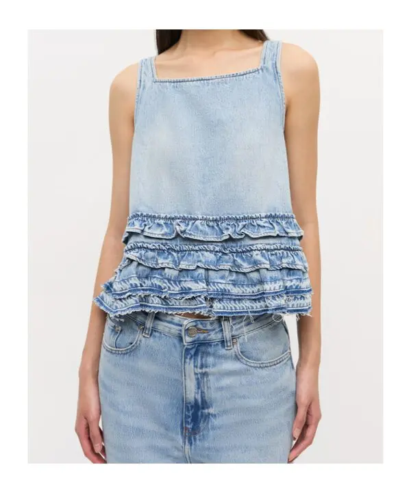 GANNI Sleeveless Denim Top With Ruffle Hem And Buckle Detail - Light Blue