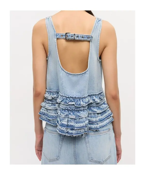 GANNI Sleeveless Denim Top With Ruffle Hem And Buckle Detail - Light Blue