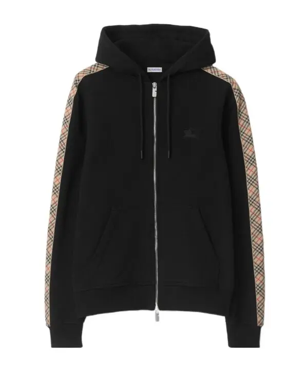 Burberry Check Trim Zip-up Drawstring Hoodie - Black