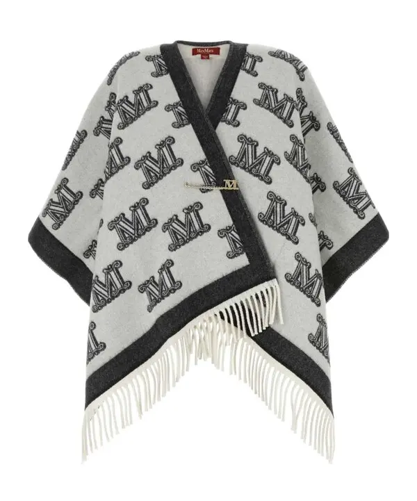 Max Mara All-over Logo Patterned Fringed Cape - Gray