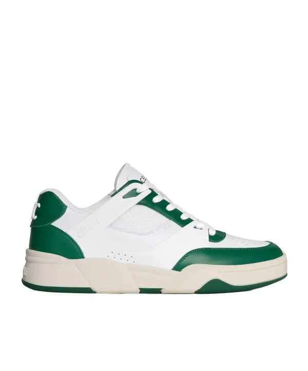 Celine Trainer Ct-09 Low Lace-up Sneakers In Calfskin And Mesh - Optical White/dark Green/beige