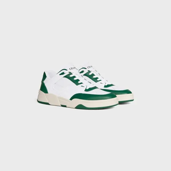 Celine Trainer Ct-09 Low Lace-up Sneakers In Calfskin And Mesh - Optical White/dark Green/beige