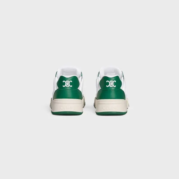 Celine Trainer Ct-09 Low Lace-up Sneakers In Calfskin And Mesh - Optical White/dark Green/beige