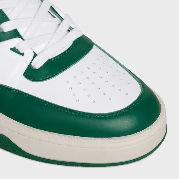 Celine Trainer Ct-09 Low Lace-up Sneakers In Calfskin And Mesh - Optical White/dark Green/beige