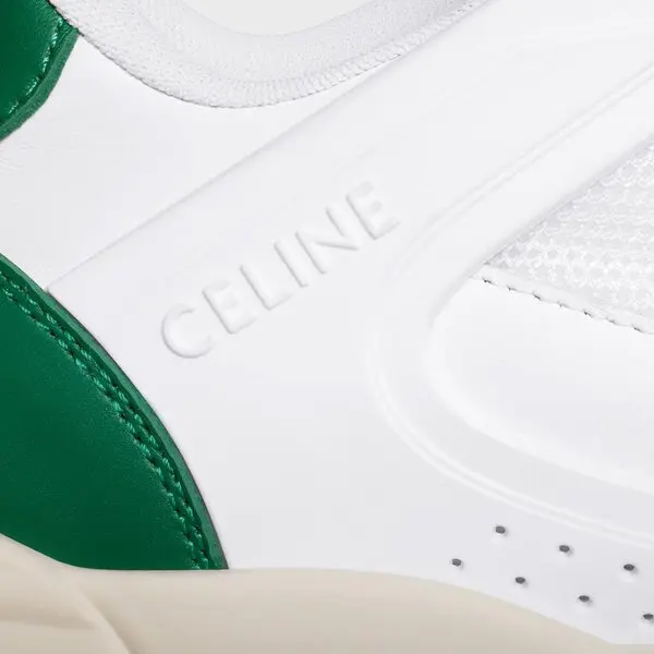 Celine Trainer Ct-09 Low Lace-up Sneakers In Calfskin And Mesh - Optical White/dark Green/beige