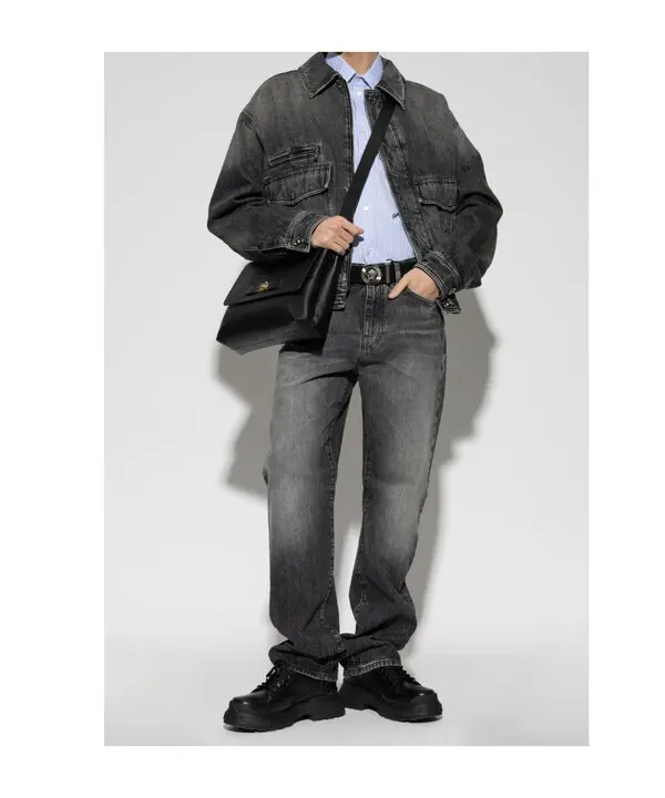 Versace Long-sleeved Denim Jacket With Zipped Pocket - Grey
