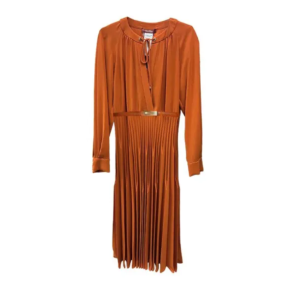 Max Mara Long Sleeve Pleated Midi Dress - Brown