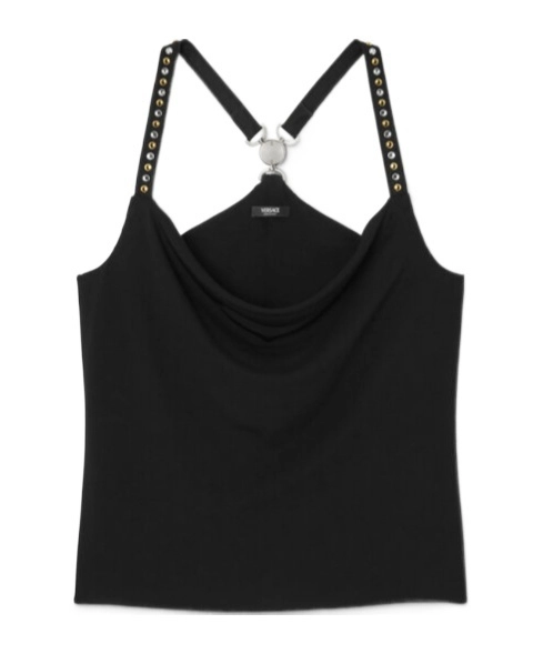 Versace Stretch Crepe Jersey Gathered Top With Embellished Straps - Black
