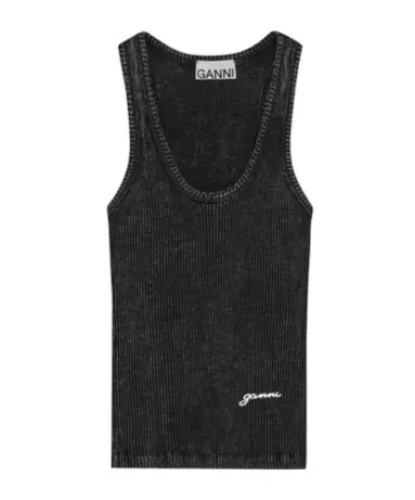 GANNI Ribbed Round Neck Sleeveless Vest - Black