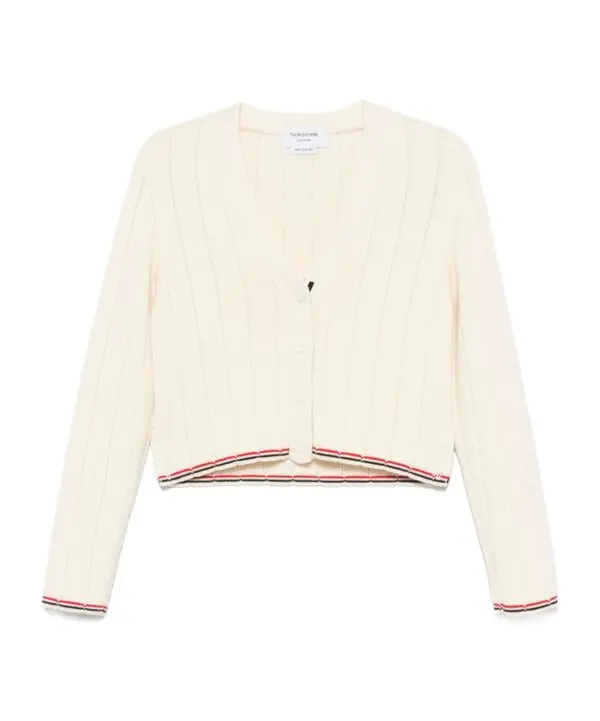 Thom Browne V-neck Long Sleeve Ribbed Knit Cardigan - White