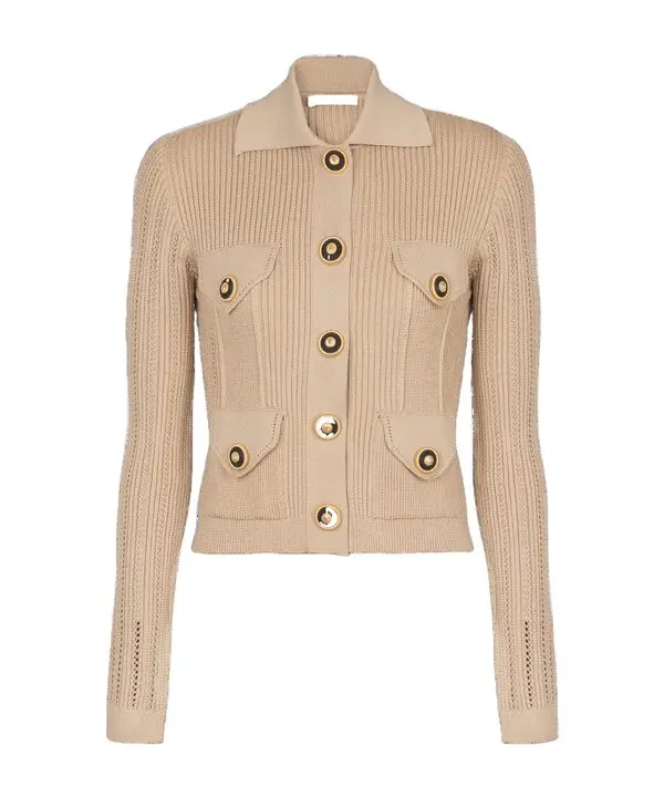 Balmain Long Sleeved Cropped Knitted Cardigan With Signature Details - Beige
