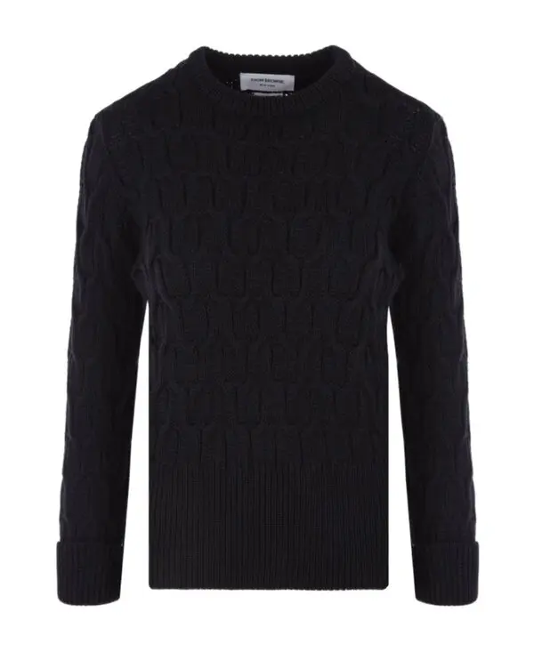 Thom Browne Crisscross Cable-knitted Pullover With Tricolor Detail - Navy Blue