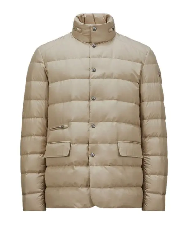 Moncler Malinvern Down Jacket With Hood And Leather Logo Patch - Light Brown