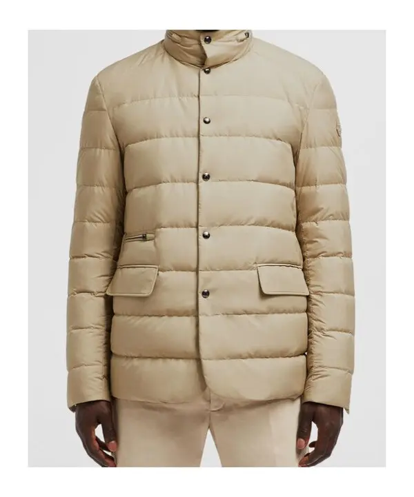 Moncler Malinvern Down Jacket With Hood And Leather Logo Patch - Light Brown