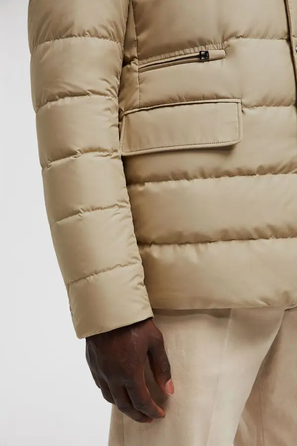 Moncler Malinvern Down Jacket With Hood And Leather Logo Patch - Light Brown