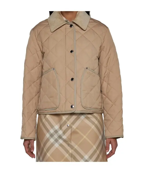 Burberry Quilted Long-sleeve Jacket With Corduroy Collar - Khaki