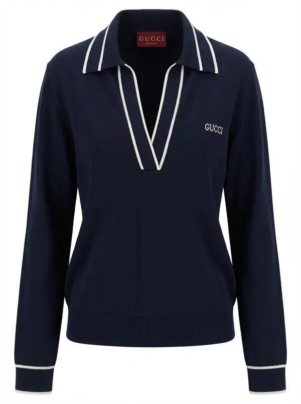 Gucci Logo Intarsia V-neck Polo Top - Navy Blue
