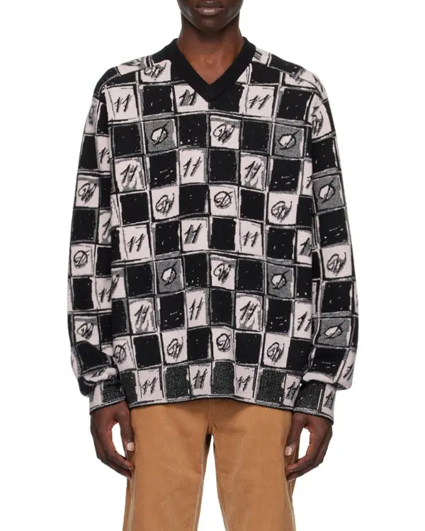 We11Done Ribbed Jacquard Logo V-neck Sweater