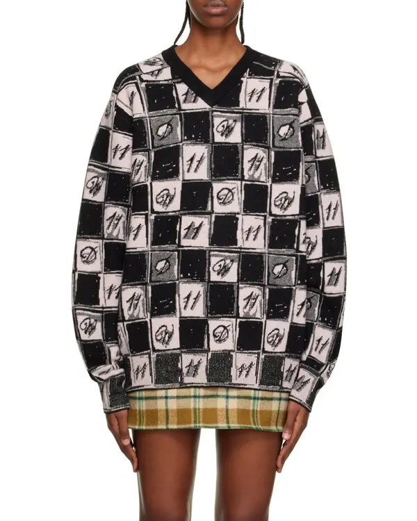 We11Done Ribbed Jacquard Logo V-neck Sweater