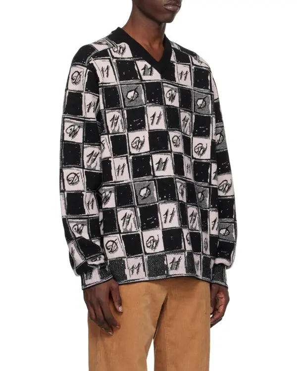We11Done Ribbed Jacquard Logo V-neck Sweater