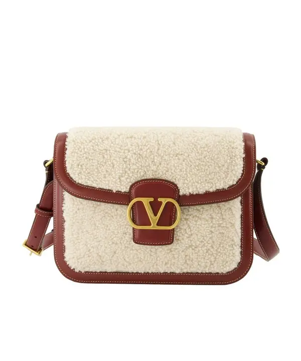Valentino Garavani Shearling Leather Shoulder Bag - Nude