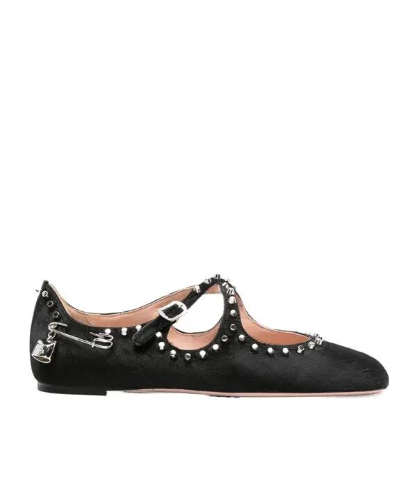 Bally Leather Ballet Flats With Studded Ankle Strap - Black