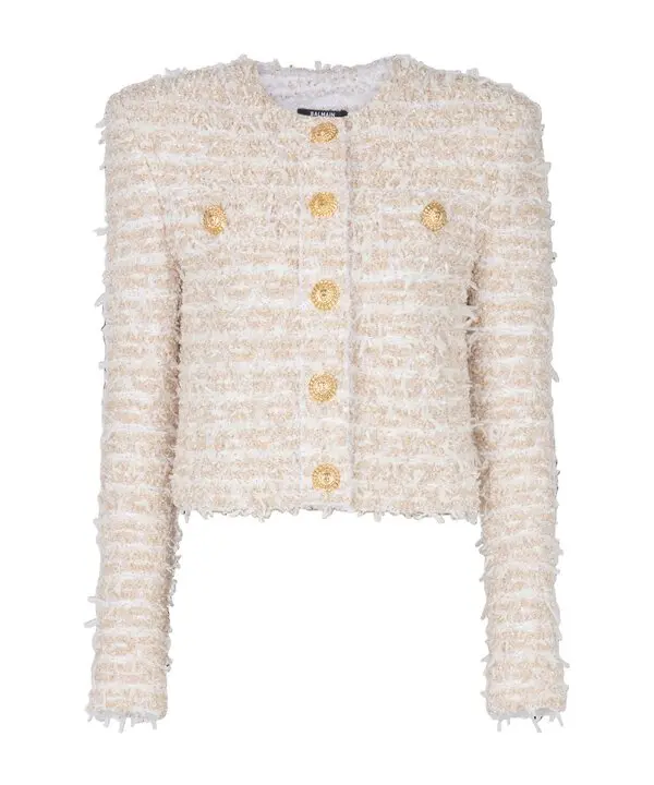 Balmain Cropped Tweed Jacket With Snap Closure - Gold