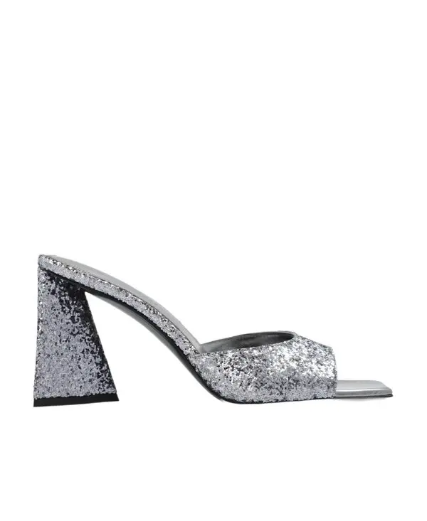 Attico Silver Glitter Embellished Square Toe High Heel Mules - Gray