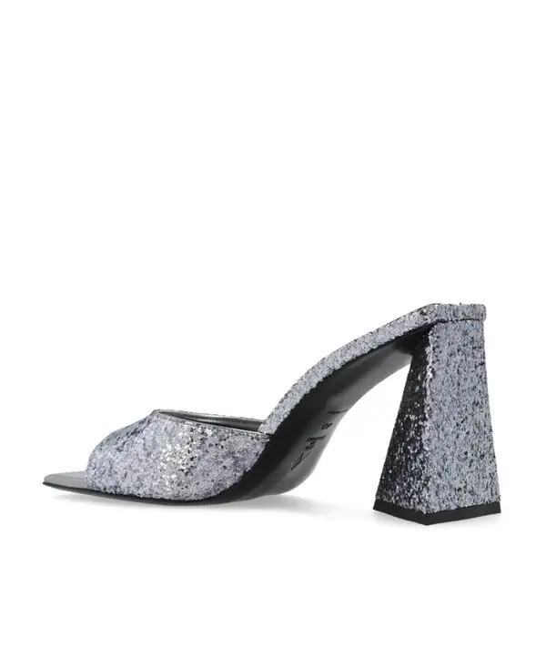 Attico Silver Glitter Embellished Square Toe High Heel Mules - Gray