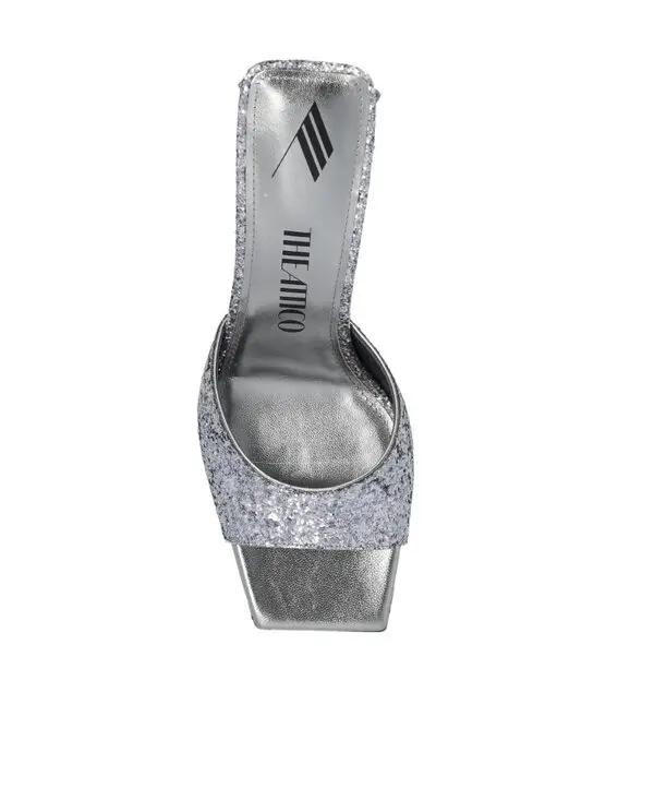 Attico Silver Glitter Embellished Square Toe High Heel Mules - Gray