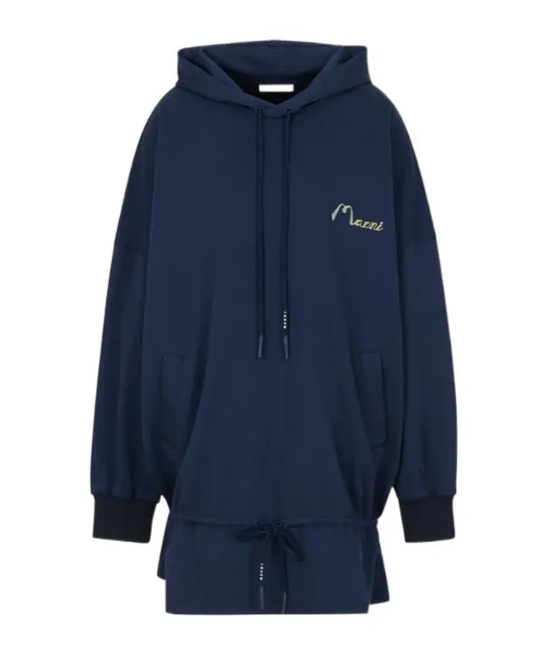 Marni Oversized Ruffled Hooded Sweatshirt Dress - Deep Blue