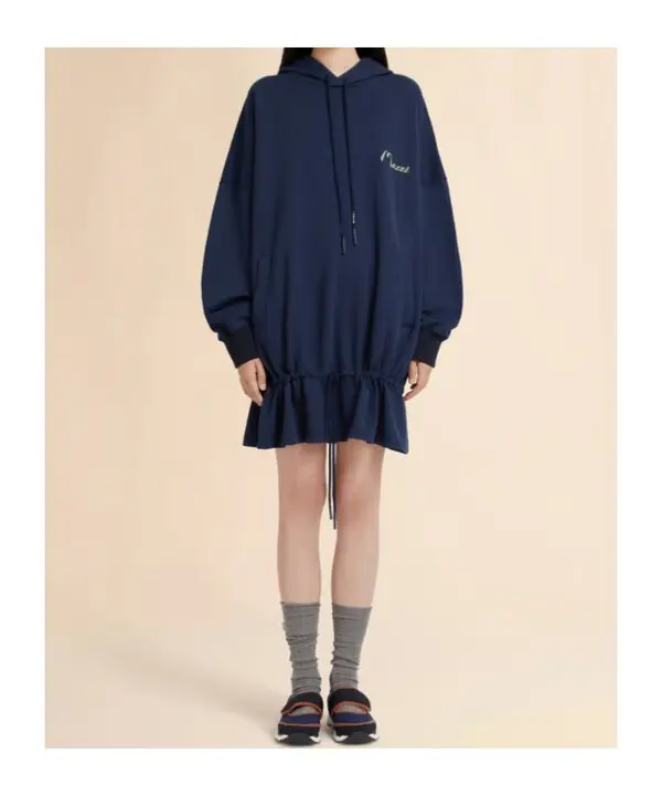 Marni Oversized Ruffled Hooded Sweatshirt Dress - Deep Blue