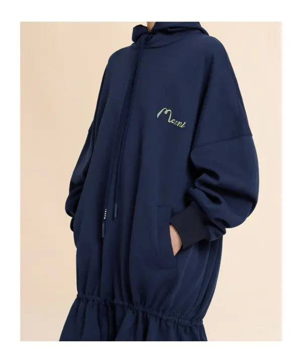 Marni Oversized Ruffled Hooded Sweatshirt Dress - Deep Blue