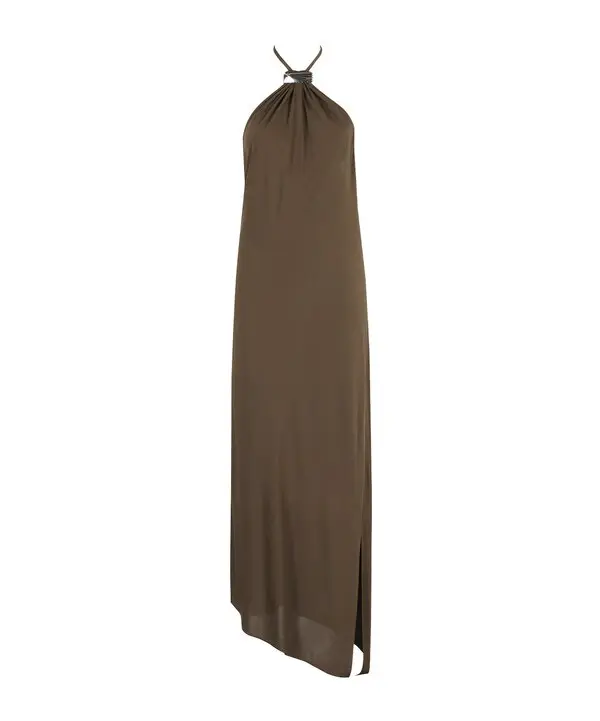 Attico Halterneck Maxi Dress With Open Back And Designer Hardware - Brown