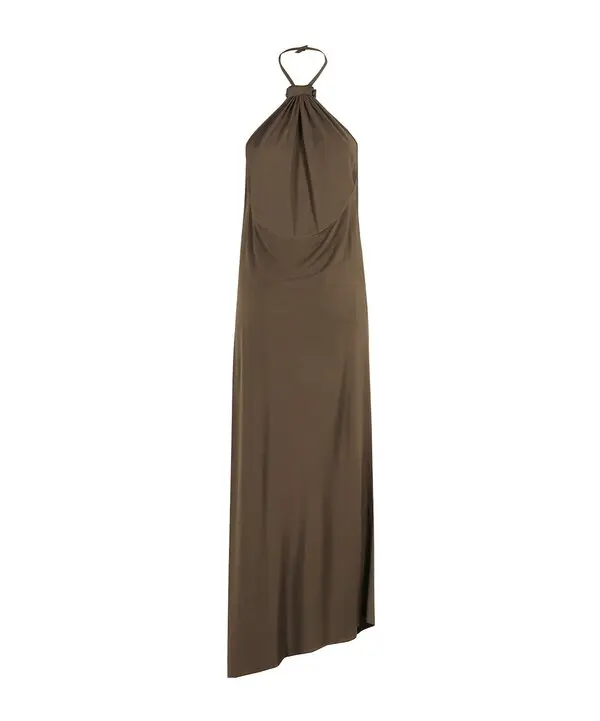 Attico Halterneck Maxi Dress With Open Back And Designer Hardware - Brown